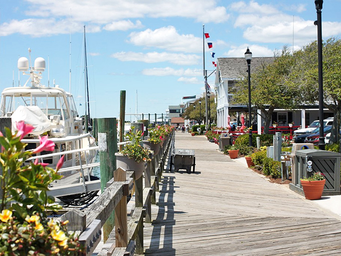 Beaufort Waterfront: Boats, boardwalk, blue skies. If life were a Jimmy Buffett song, it would look exactly like this Beaufort marina.
