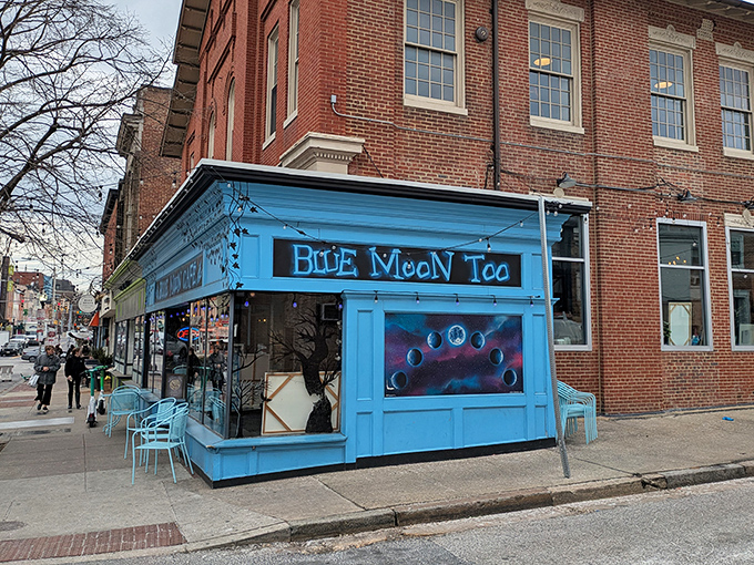 This corner of Baltimore glows with breakfast promise. Blue Moon Too's sidewalk tables offer morning feasts with a side of people-watching.