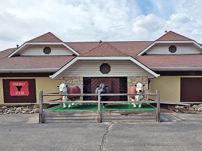 Open daily at 11AM with bovine greeters standing guard. They know what's cooking inside, and they approve!