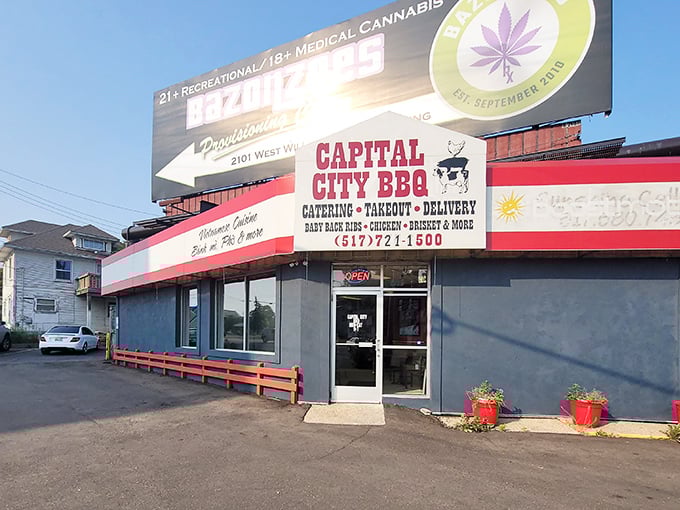 Capital City BBQ's storefront promises BBQ treasures behind that unassuming exterior. The red awning practically winks at hungry passersby, saying "trust me on this one."