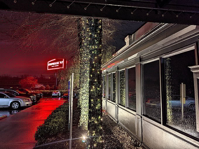 Night falls, but Chophouse'47's red glow promises the kind of meal that makes you forget what day it is.