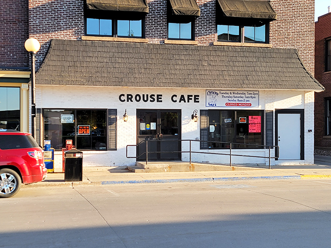Small-town charm meets big-time flavor at Crouse Cafe's welcoming downtown Indianola entrance.