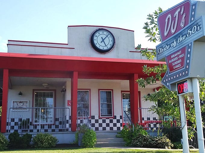 The checkerboard trim and vintage signage at DJ's aren't just decoration&mdash;they're a promise that your milkshake will require both a straw and a spoon.