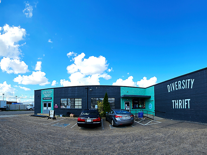 Blue skies, big bargains! Diversity Thrift's striking two-tone building stands like a beacon for budget-conscious shoppers with an eye for style.