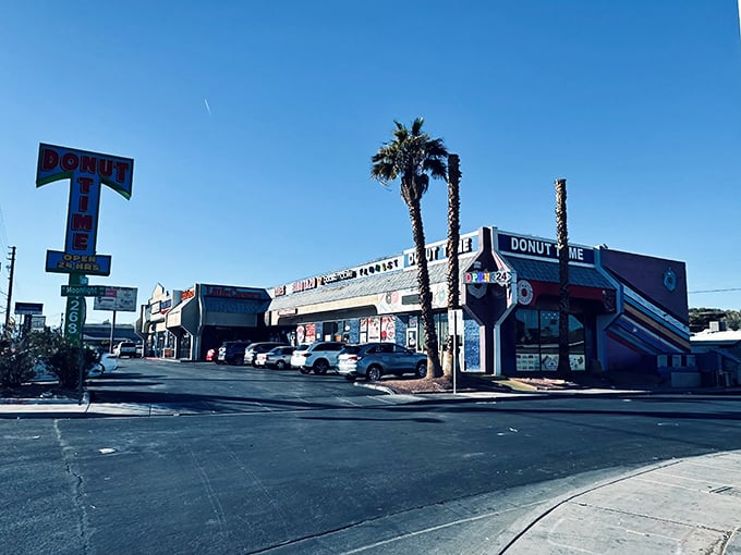 Desert oasis for the donut-obsessed! Donut Tyme's towering vintage sign beckons like a lighthouse for the sweet-toothed under that endless Nevada blue sky.