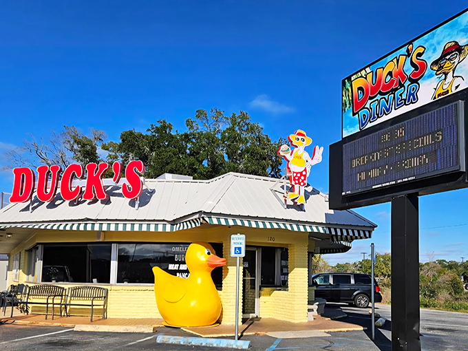That cheerful yellow duck isn't just cute – it's a promise of the sunny-side-up experience waiting inside this Gulf Shores gem.
