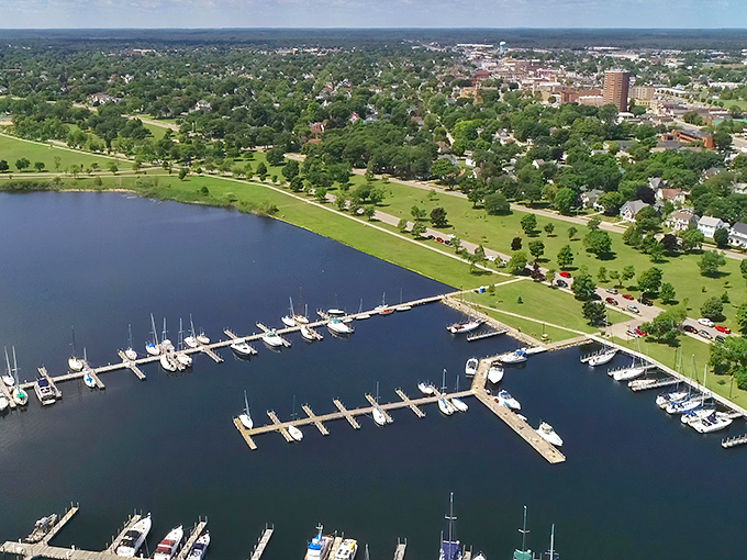 From this bird's eye view, Escanaba reveals its secret: breathtaking waterfront scenery without the tourist-town price gouging.