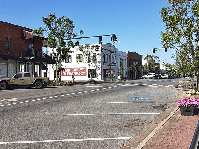 Classic downtown architecture frames modern life like a Norman Rockwell painting come alive. 
