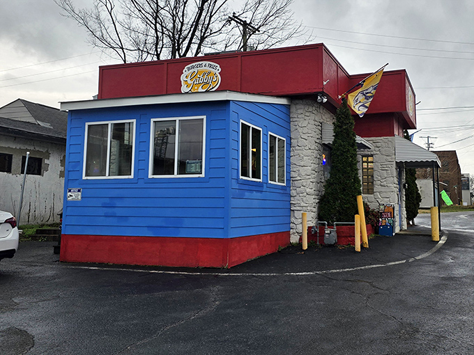 The bright blue and red exterior of Gabby's Burgers & Fries stands out in Nashville, promising simple but extraordinary burger perfection inside.