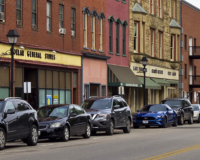 The colorful storefronts of downtown Gallipolis create a vibrant tapestry against the backdrop of classic brick architecture.