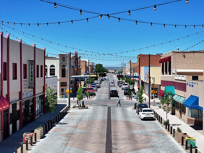 String lights crisscross above Gallup's vibrant downtown, creating the perfect backdrop for evening strolls and spontaneous discoveries.