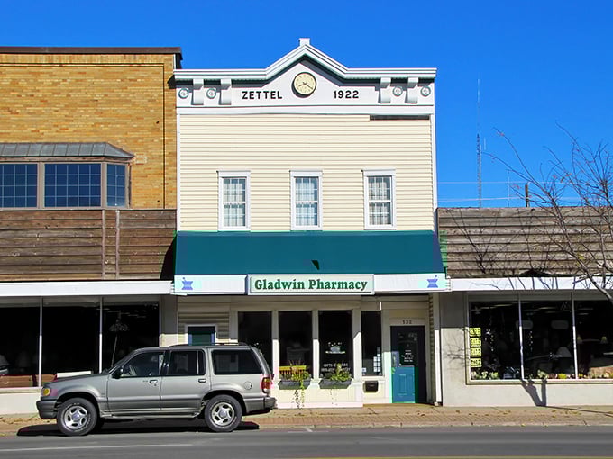 The 1922 Zettel building anchors Gladwin's main street, standing proud like a distinguished gentleman who refuses to retire.