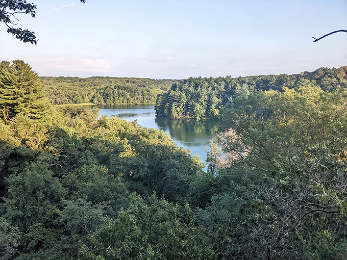 Mother Nature's mirror! This tranquil lake reflects the surrounding forest like a Wisconsin version of a Bob Ross painting.