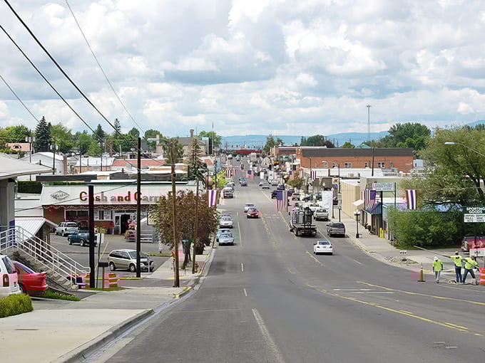 The view down Grangeville's Main Street offers a perfect blend of small-town charm and breathtaking mountain backdrop.