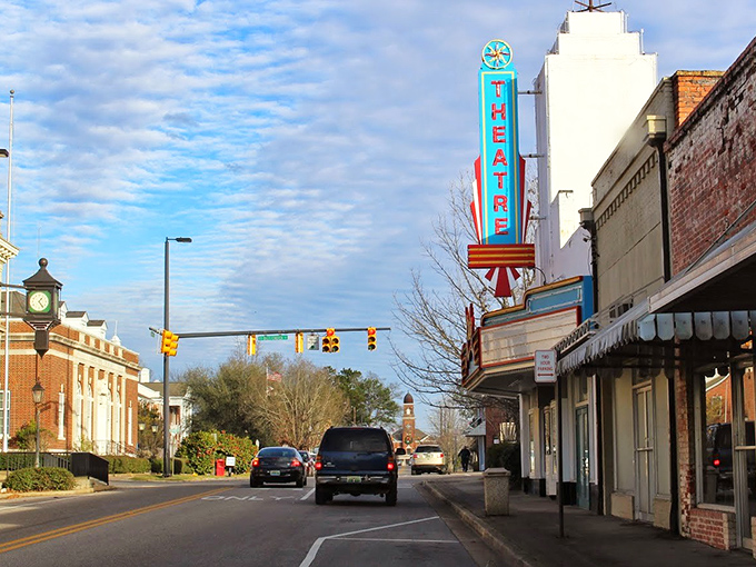 The historic theater marquee lights up Greenville's main street, offering entertainment that won't require a second mortgage.