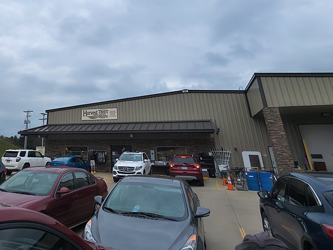 Harvest Thrift Store's modern building in Sugarcreek stands out with its spacious parking lot, ready for treasure hunters to explore inside.