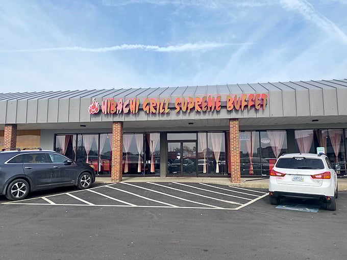 Morning light reveals the grand entrance to this temple of endless Asian cuisine options.