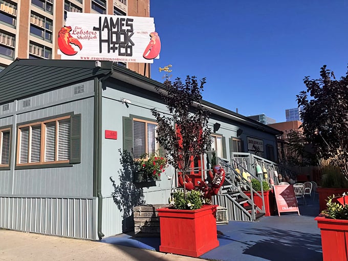 The mint-green exterior of James Hook & Co brightens up Boston's waterfront. Where lobster dreams come true against an urban backdrop.