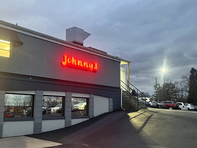 Johnny's at dusk &ndash; where that illuminated sign promises salvation for the steak-deprived traveler on a Pennsylvania back road.