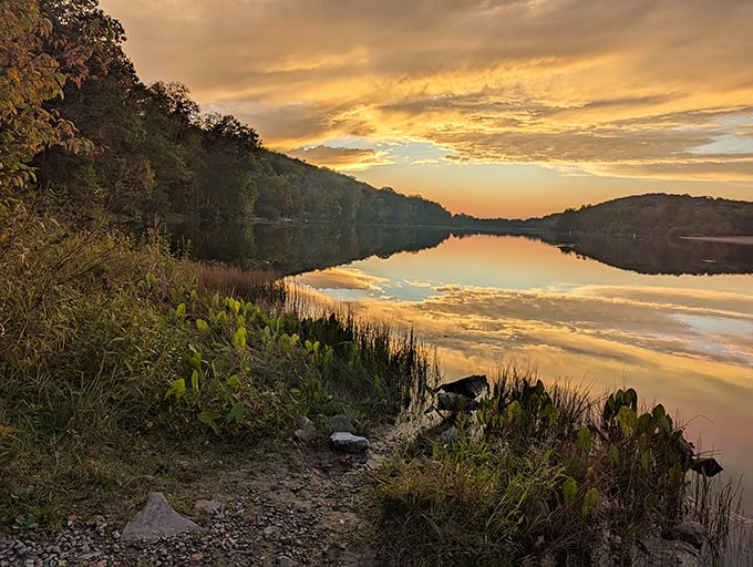Golden hour at Keystone Lake paints the water with sunset colors. Nature's own masterpiece that changes every evening.