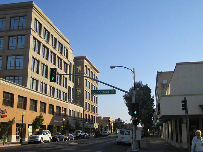 Tree-lined streets and historic buildings make downtown Modesto feel like a movie set from a simpler time.