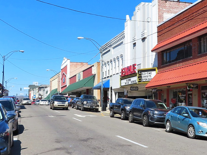 The historic Eagle Theater marquee still shines bright on Mount Airy's Main Street, a nostalgic beacon for movie lovers.