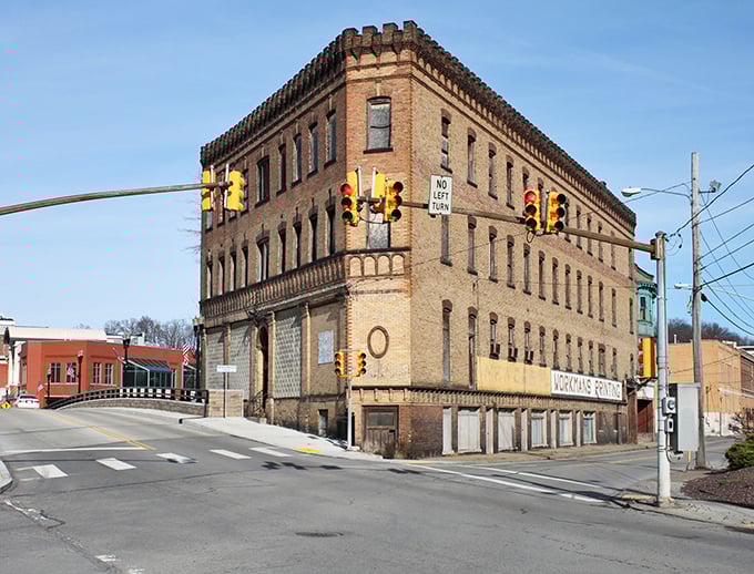 This historic corner building in New Castle might look imposing, but the living costs here are anything but—perfect for retirees watching their pennies.