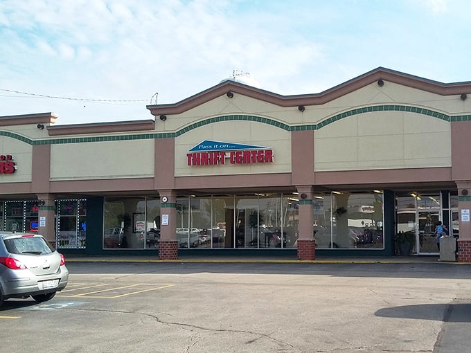 Blue skies frame this thrifter's paradise, where "Household Items" and "Collectibles" signs beckon like old friends.