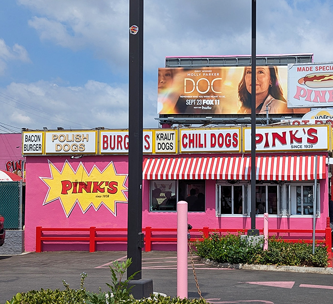 The legendary Pink's Hot Dogs, where that eye-catching sign has been luring hungry Angelenos since before color TV.
