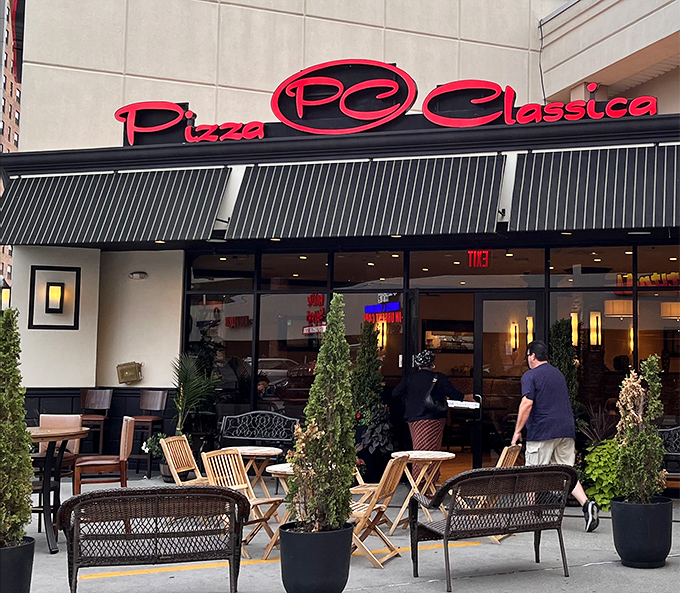 Pizza Classica: Al fresco pizza paradise! Those wooden chairs aren't just waiting for people - they're waiting for pizza moments to happen.