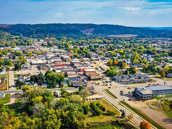 From this bird's-eye view, Prairie du Chien spreads out like a model train village that somehow grew to life-size proportions.