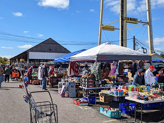 Beneath the market's water tower, shoppers navigate a sea of tents hunting for that perfect find.