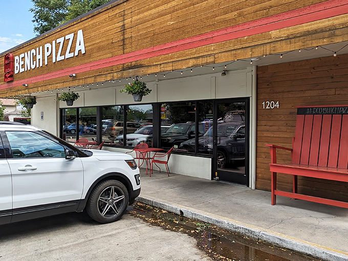 That bright red bench isn't just cute seating&mdash;it's your front-row ticket to some of Boise's most talked-about pizza creations.