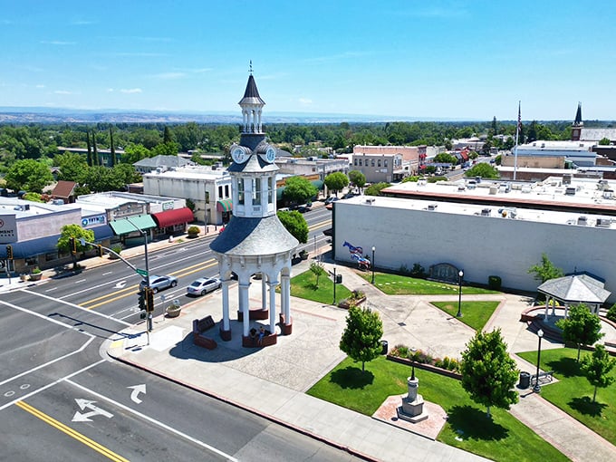 The charming clock tower watches over Red Bluff's downtown, where your Social Security check actually covers more than just coffee.