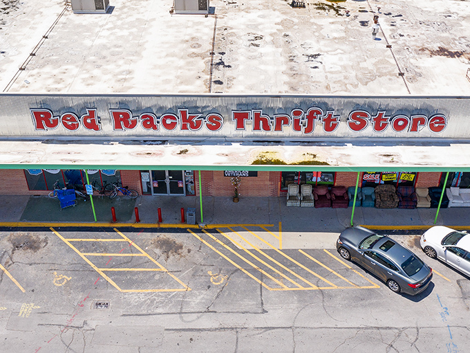 An aerial view of Red Racks that doesn't capture the treasure hunt happening inside. From this height, you'd never guess the bargains below.