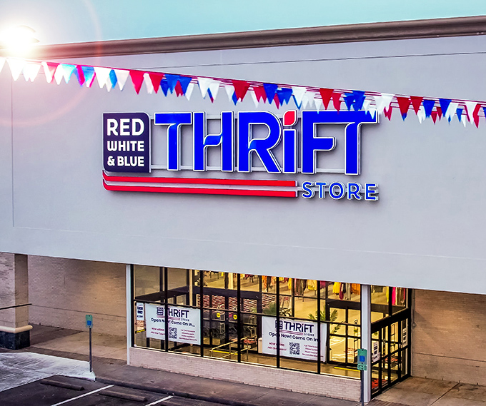 Those festive flags flutter like victory banners over a thrift shopper's promised land of deals.