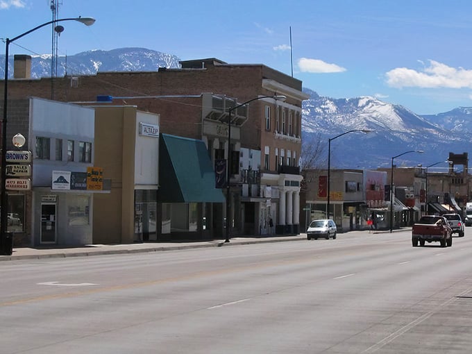Mountains frame Richfield's welcoming downtown, where local businesses thrive in Utah's scenic heartland.