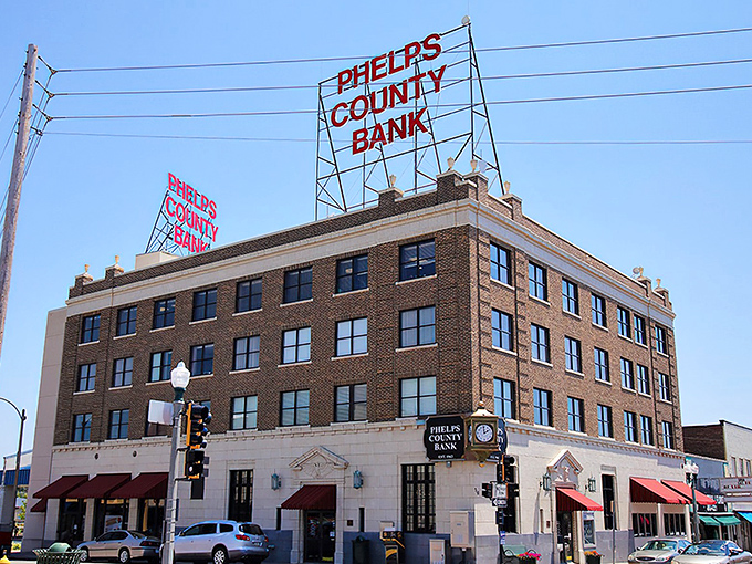 The Phelps County Bank building rises above Rolla's skyline, a testament to the town's enduring economic stability.