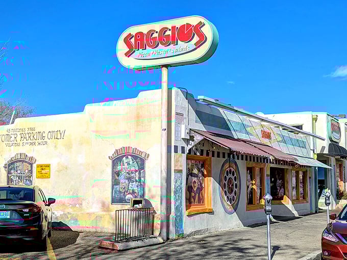 That bold Saggios sign against the New Mexico sky is like a pizza lighthouse guiding hungry souls to cheesy salvation.