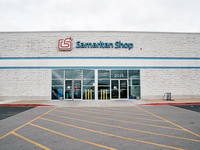 That bright blue stripe and tidy storefront signal bargains that'll make your wallet do a happy dance.