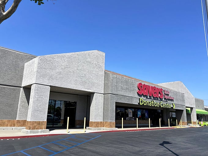 Blue skies frame this thrifter's paradise. Cars parked outside hint at the bargain bonanza happening within these walls.