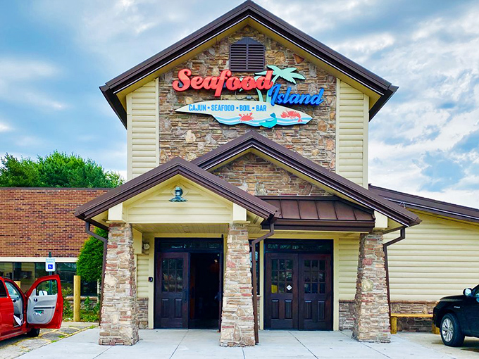 Blue skies and seafood dreams! Seafood Island's welcoming entrance promises Cajun flavors that'll transport you straight to the bayou without leaving Kansas.