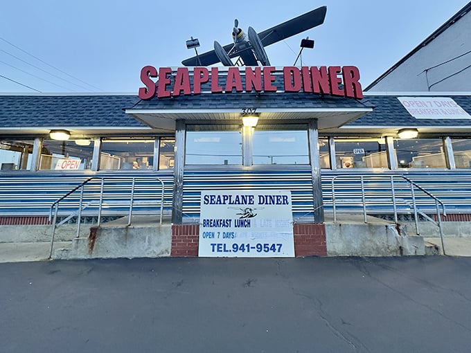 Dawn breaks over the Seaplane Diner, where that vintage aircraft silhouette promises flights of culinary fancy at down-to-earth prices.