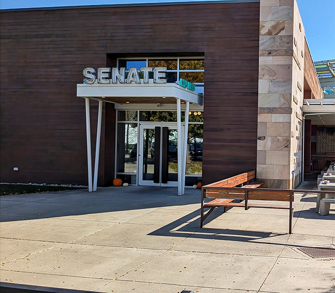 Modern meets mouthwatering at Senate, where the clean lines of the building hint at the artfully crafted hot dogs waiting inside.