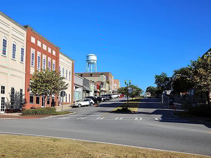 The iconic water tower watches over Senoia's brick buildings and tree-lined streets, a small town with Hollywood credentials.