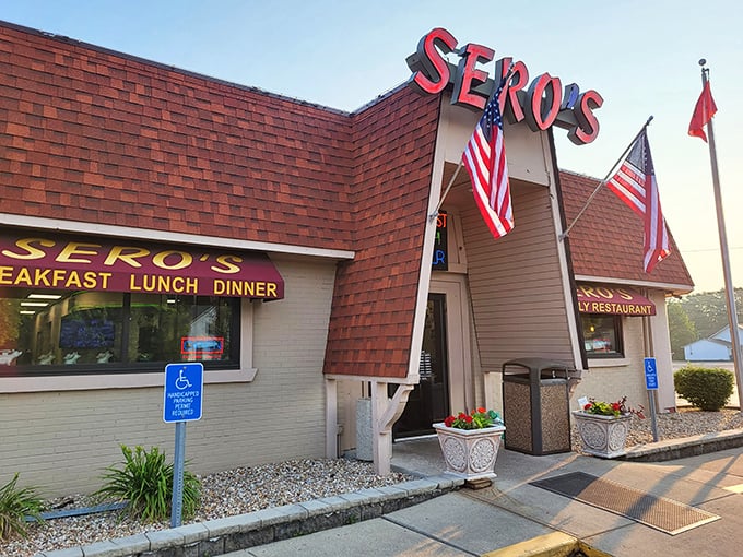 The A-frame entrance at Sero's Family Restaurant stands like a welcoming beacon for hungry travelers and locals alike.