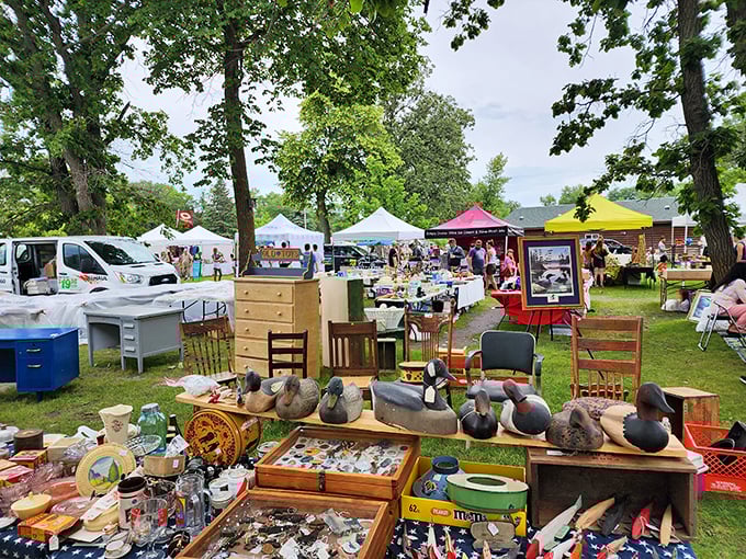 Colorful tents and treasure-filled tables at Shady Hollow Flea Market, where duck decoys and furniture await bargain hunters under leafy trees.