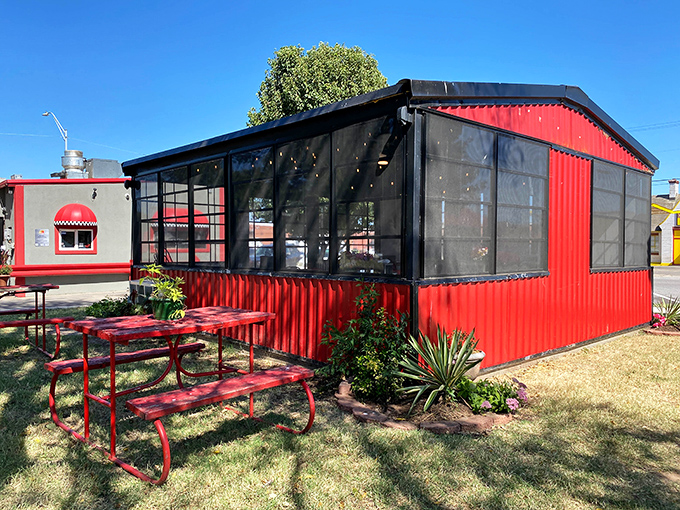 This cozy red dining pavilion at Sid's offers shelter from the sun but not from temptation. Hot dog paradise awaits!