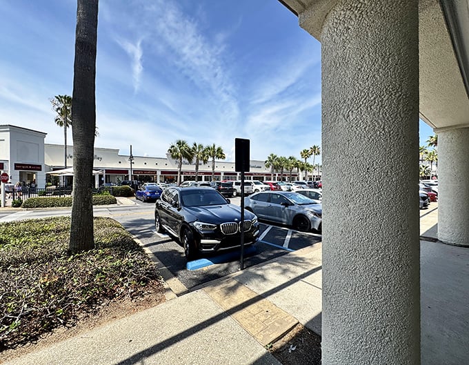 Shopping with architectural flair! Silver Sands' distinctive tower guides bargain hunters like a lighthouse to shores of savings.