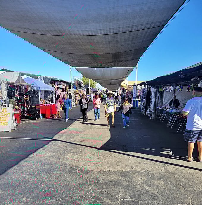 Shoppers navigate the shaded marketplace, where every aisle promises new discoveries and unexpected treasures.